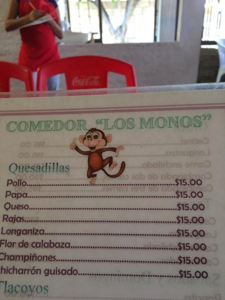 Menu at Comedor "Los Monos" restaurant, Tlayacapan