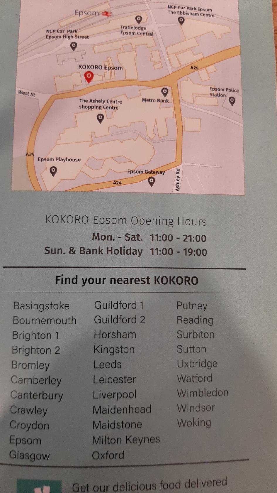 Menu at Kokoro restaurant, Epsom