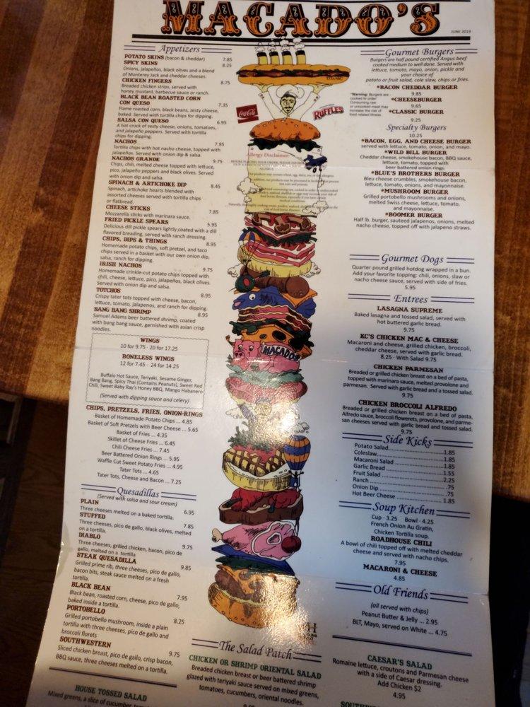 Menu at Macado's restaurant, Boone