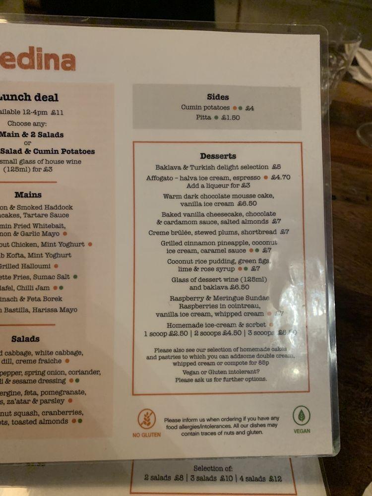 Menu at Medina restaurant, Aberystwyth