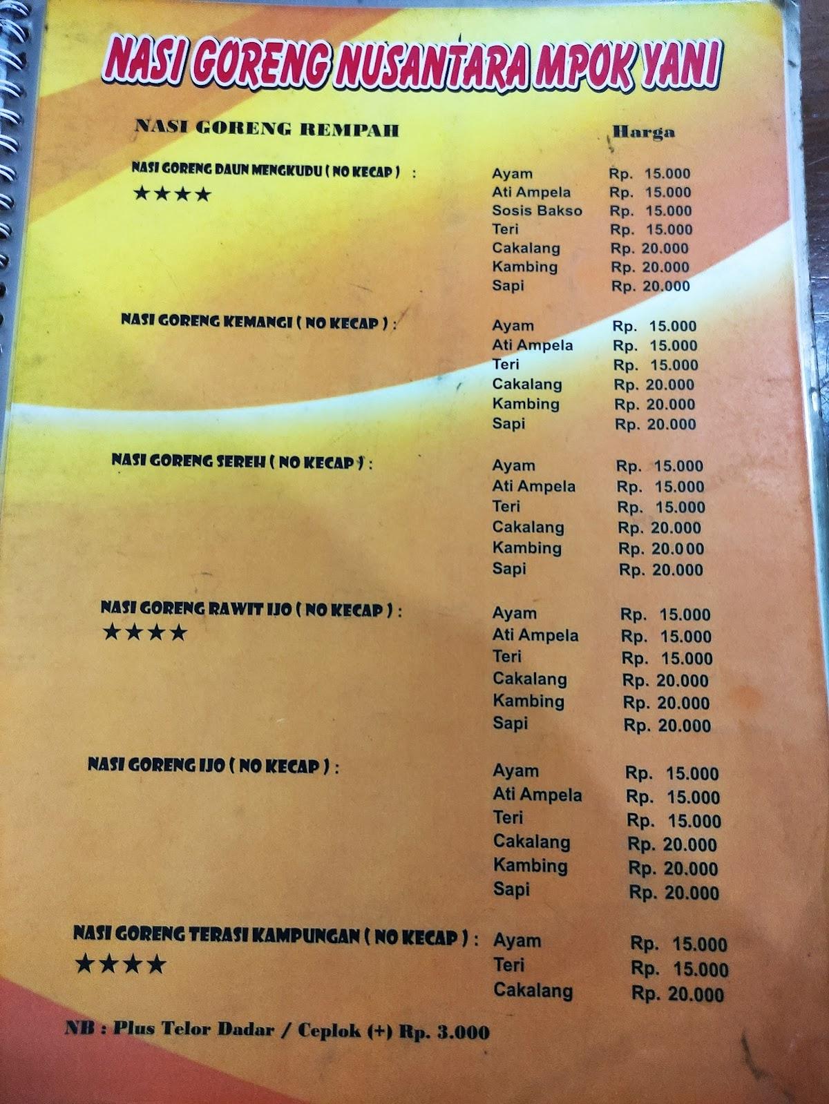 Menu at Nasi Goreng Nusantara Mpok Yani Rempoa restaurant, South Tangerang