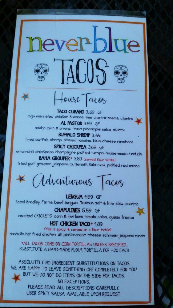 Menu at Never Blue restaurant, Hendersonville