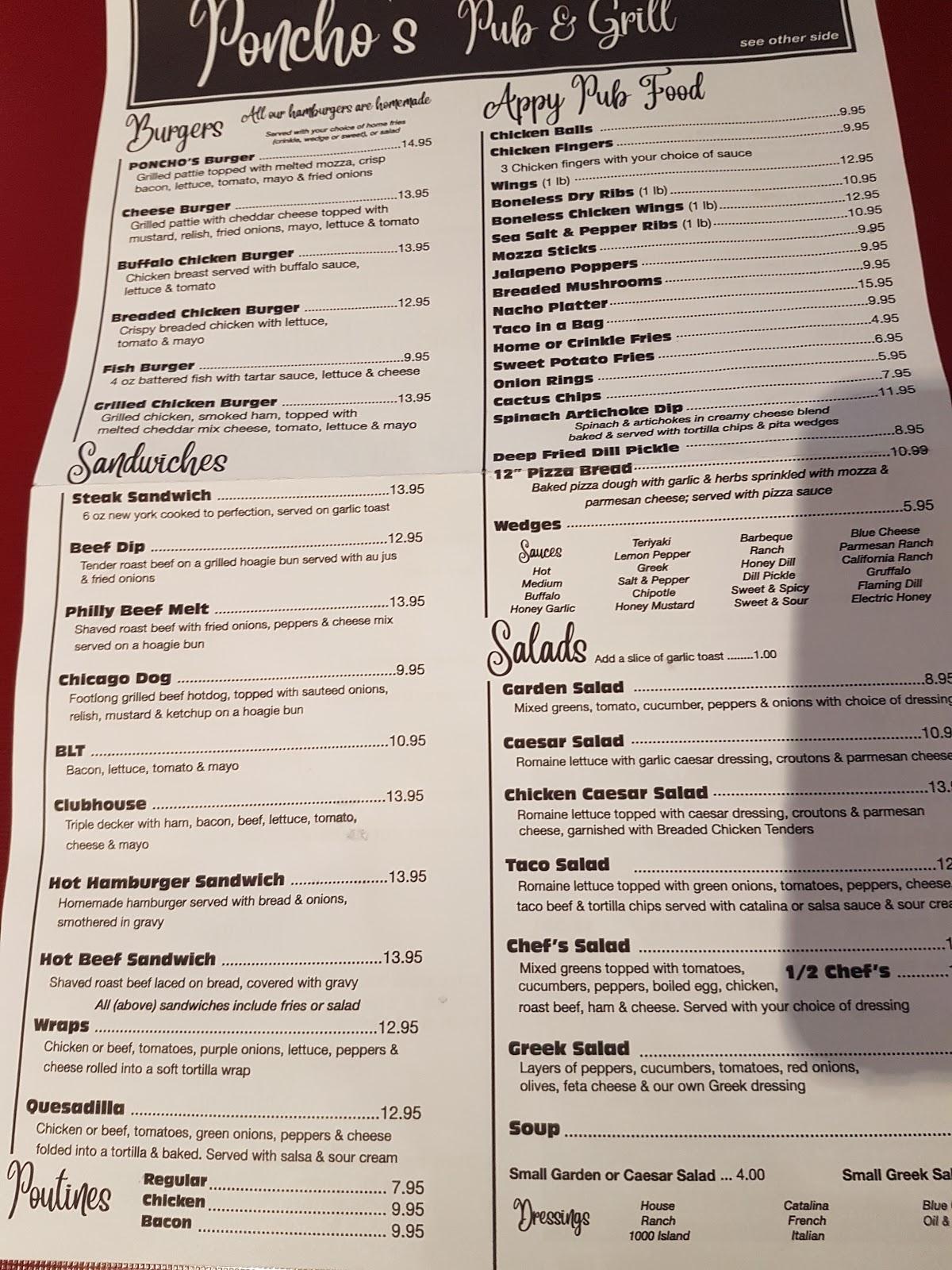 Menu at Poncho's Pub & Grill, Whitewood, 604 Lalonde St