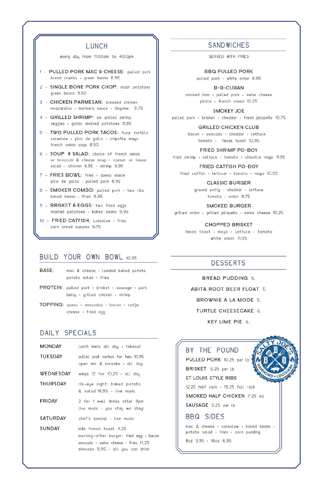 Menu at Salty Joe's BBQ Shop, Hammond