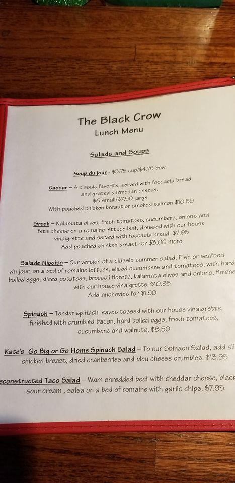 Menu at The Black Crow steakhouse, Beatrice