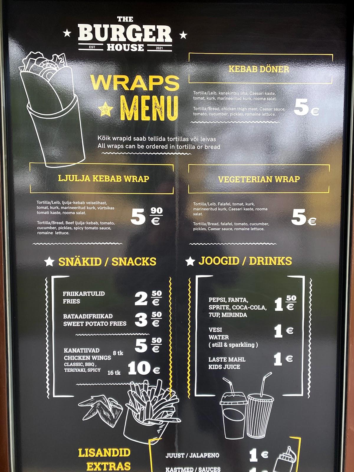 Menu at The Burger House restaurant, Tallinn