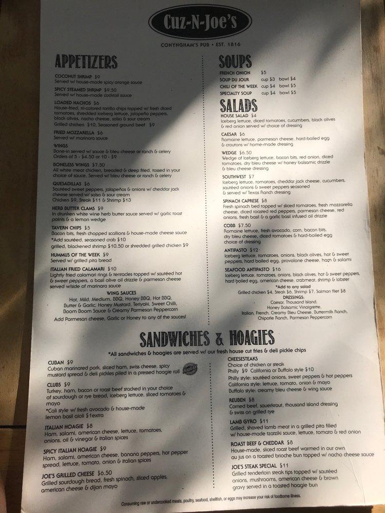 Menu at Cuz-N-Joe's pub & bar, Conyngham