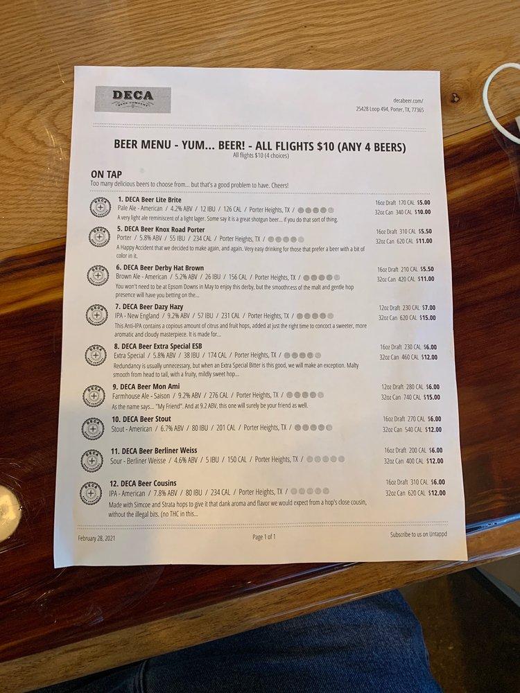 Menu at DECA Beer Company pub & bar, Porter