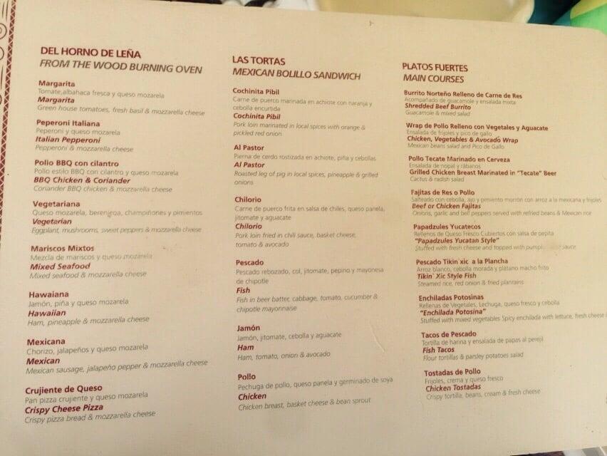 Menu at El Zócalo, Mexico