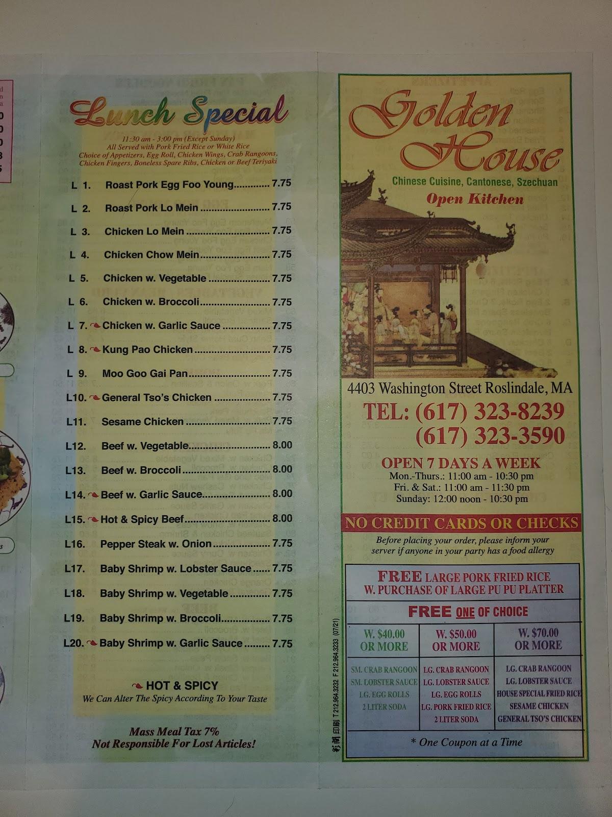 Menu at Golden House Chinese Restaurant in Roslindale, Boston ...
