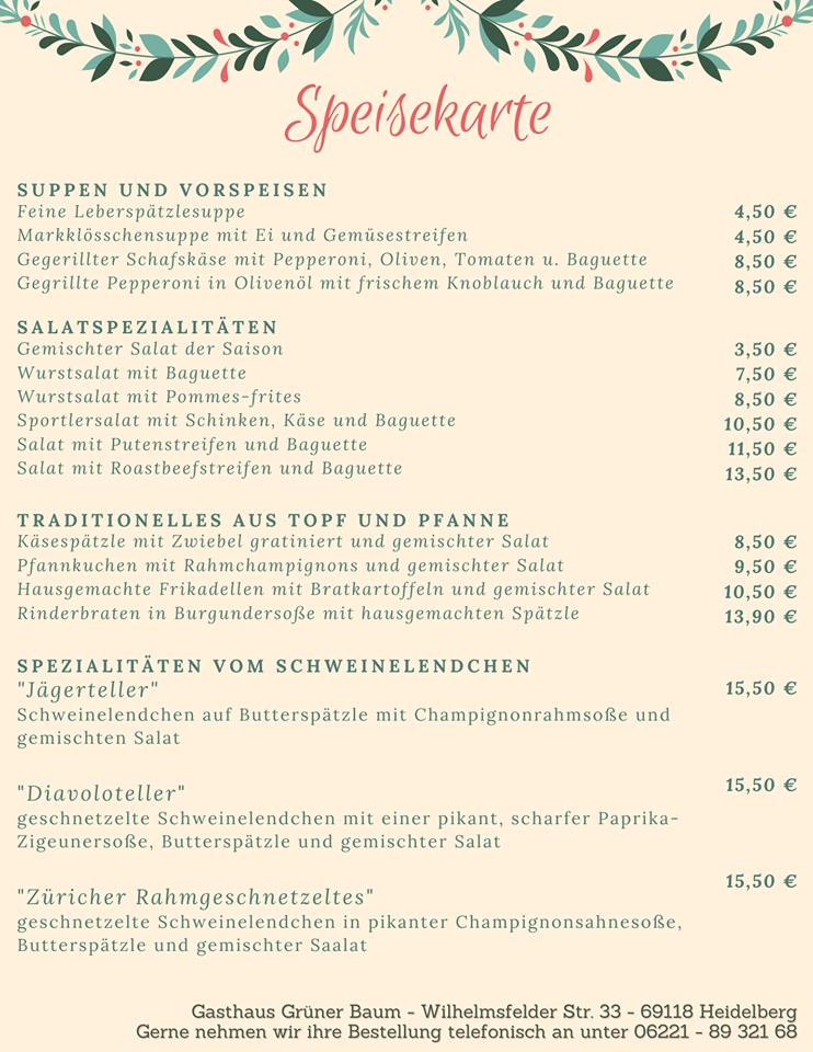 Speisekarte von Zum grünen Baum restaurant, Heidelberg