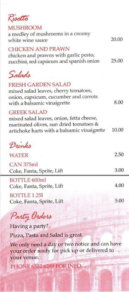 Menu at IL Colosseo pizzeria, Taree