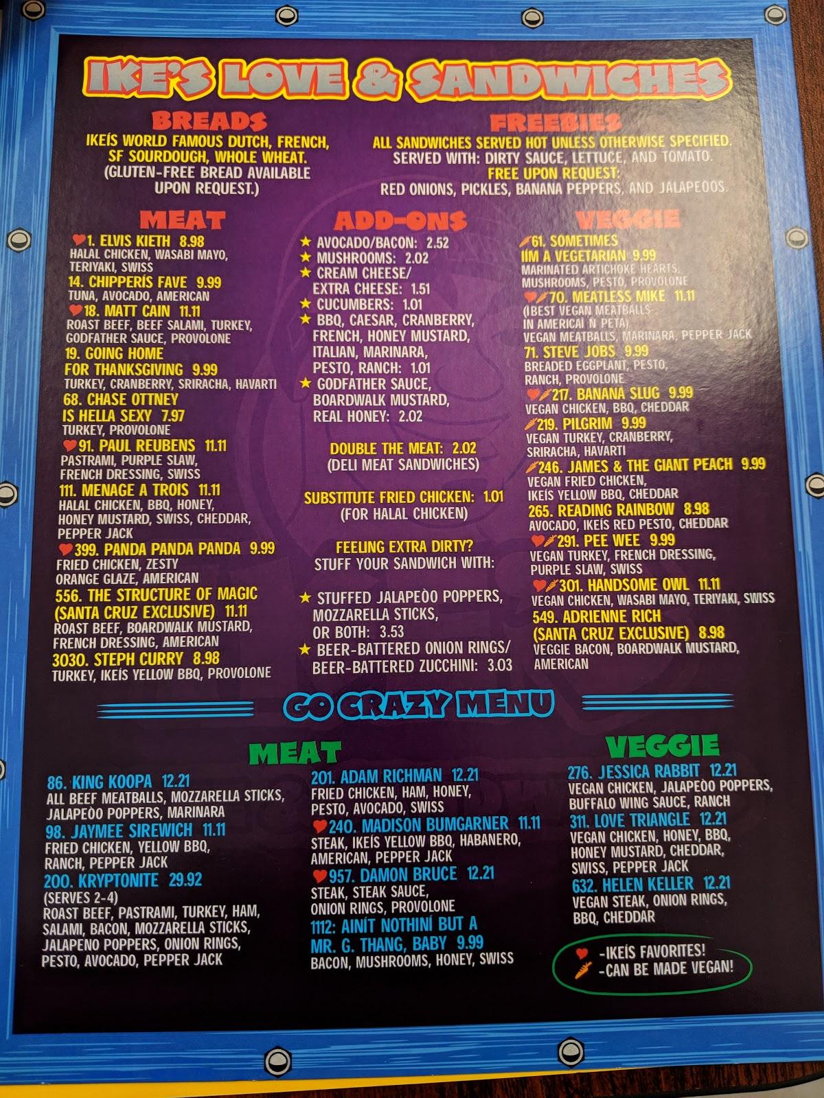 Menu at Ike's Love & Sandwiches restaurant, Santa Cruz