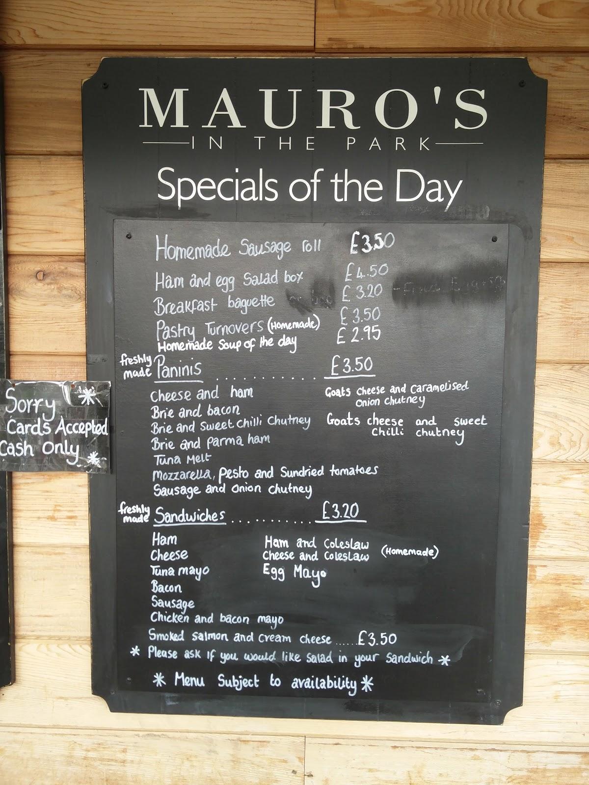 Menu at Mauros In The Park cafe, Chelmsford