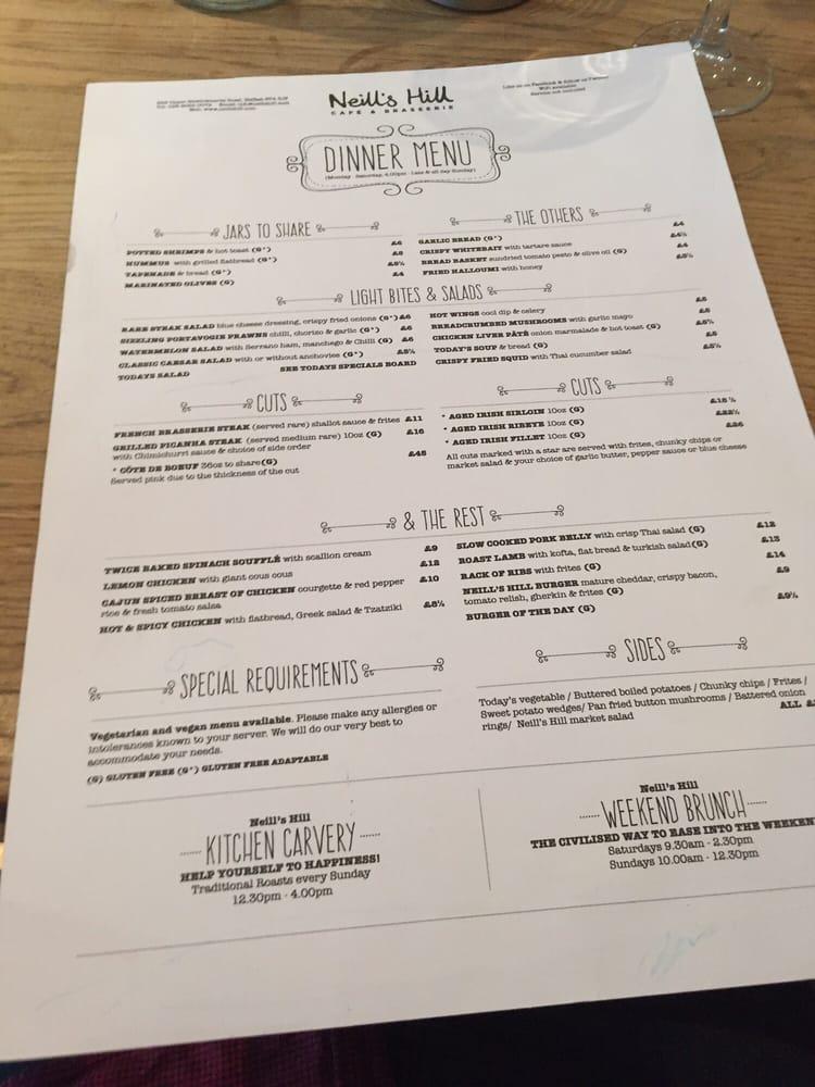 Menu at Neill's Hill Brasserie restaurant, Belfast