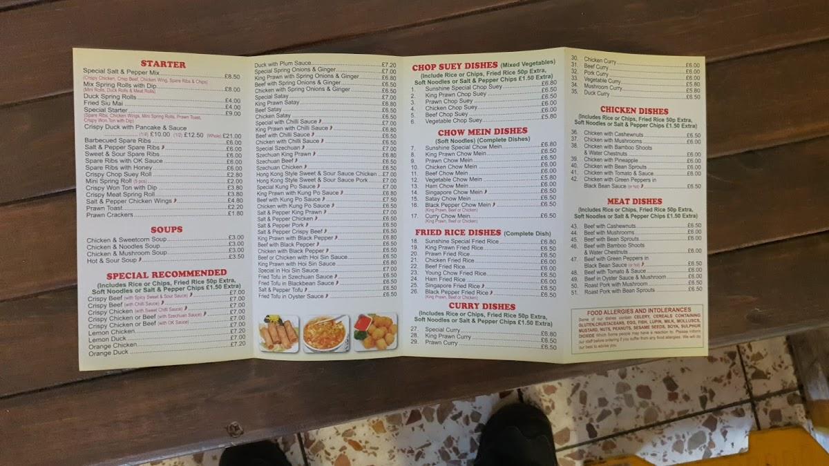Menu at Sunshine House fast food, Abergele