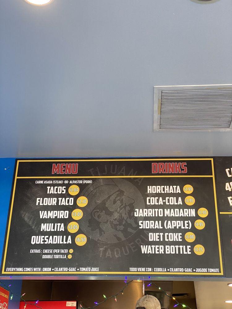 Menu at Tacos Tijuana restaurant, Avondale
