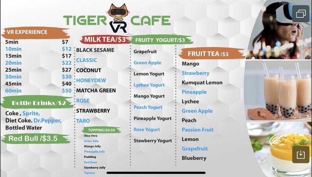 Menu at Tiger VR Cafe, Auburn