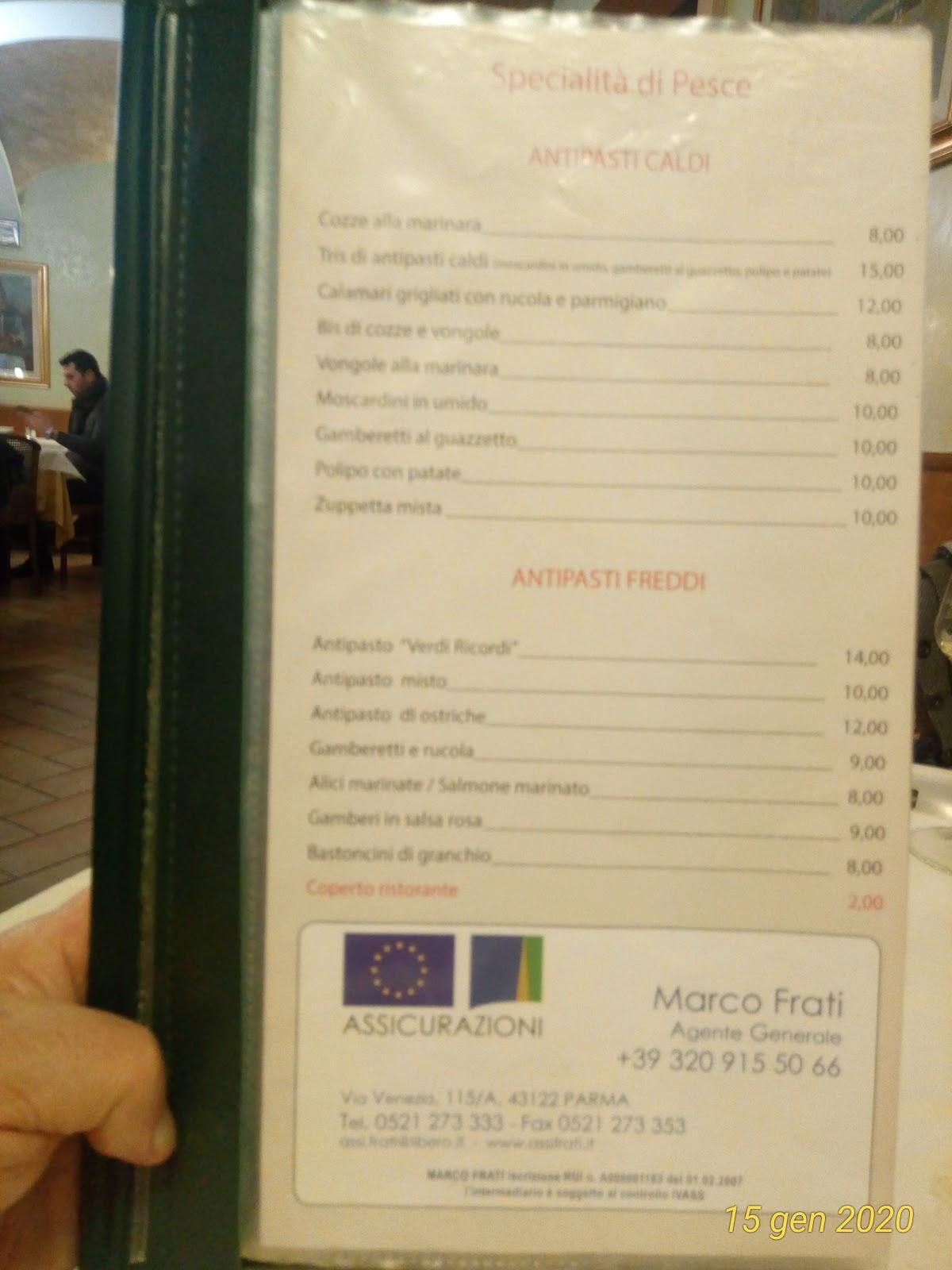Menu at Verdi Ricordi Parma restaurant, Parma