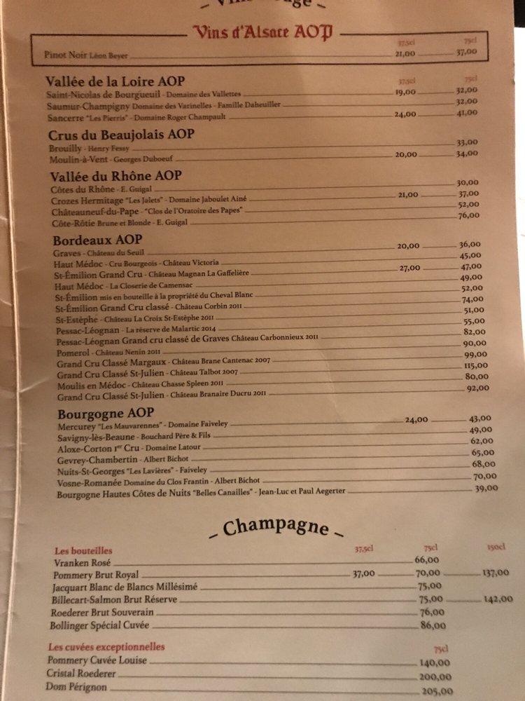 Menu au Bofinger restaurant, Paris, 5-7 Rue de la Bastille