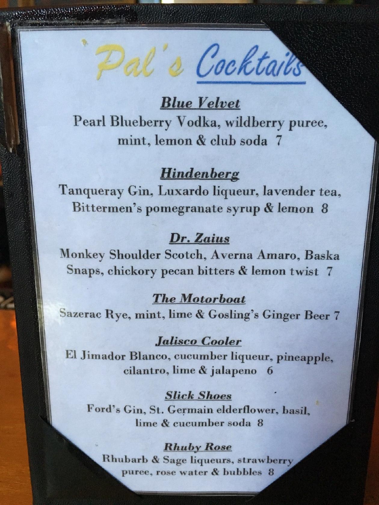 Menu at Pal's Lounge pub & bar, New Orleans