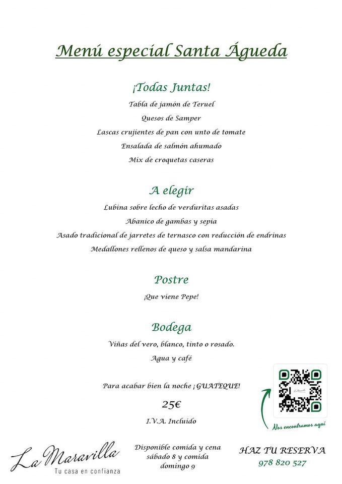 Carta de Restaurante La Maravilla, Urrea de Gaén