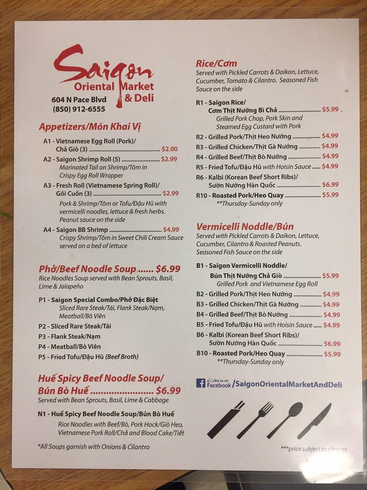 Menu at Saigon Oriental Market and Deli restaurant, Pensacola