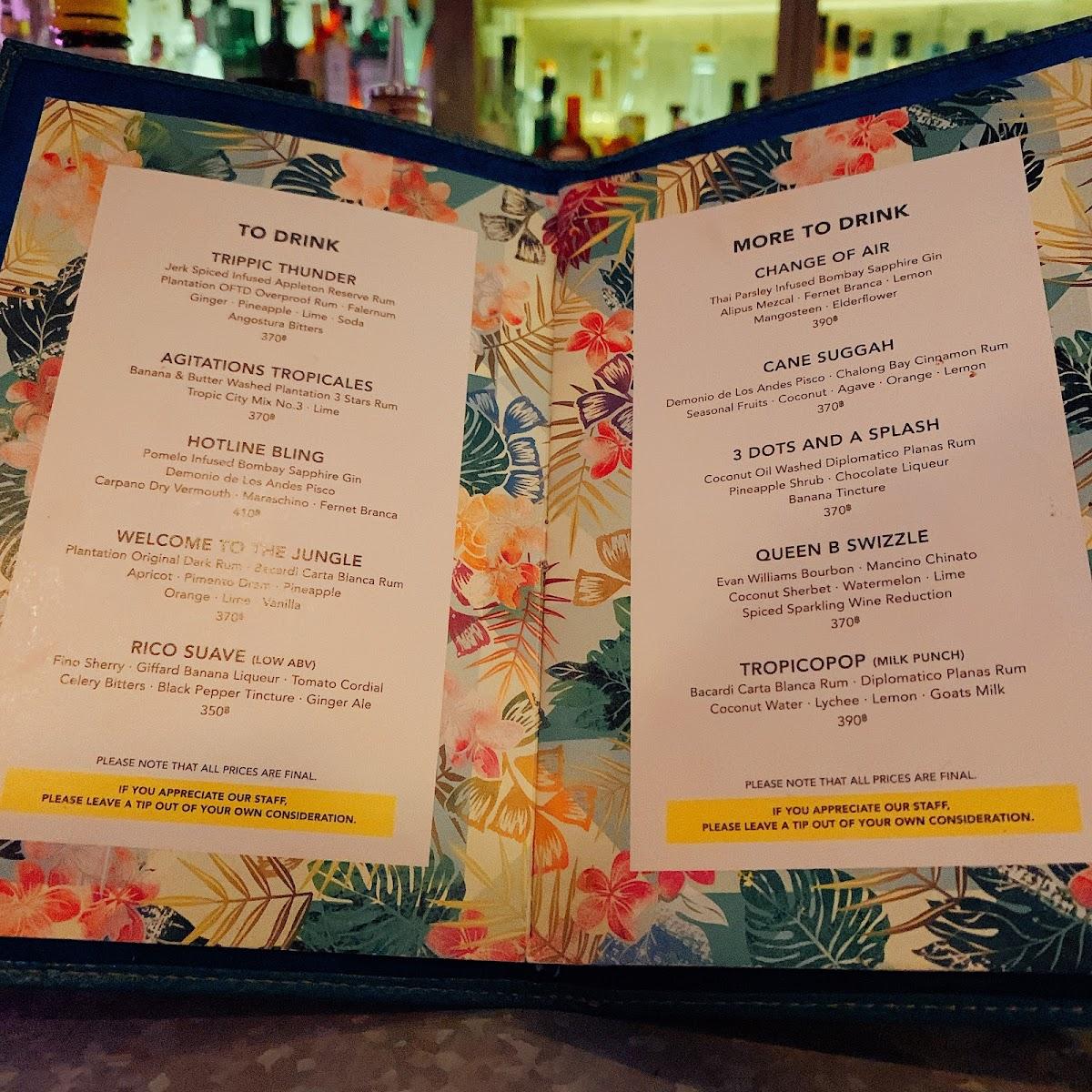 Menu at Tropic City pub & bar, Bangkok