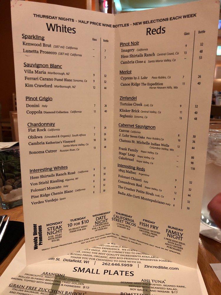 Menu at Zin - Uncommon California Italian pub & bar, Delafield