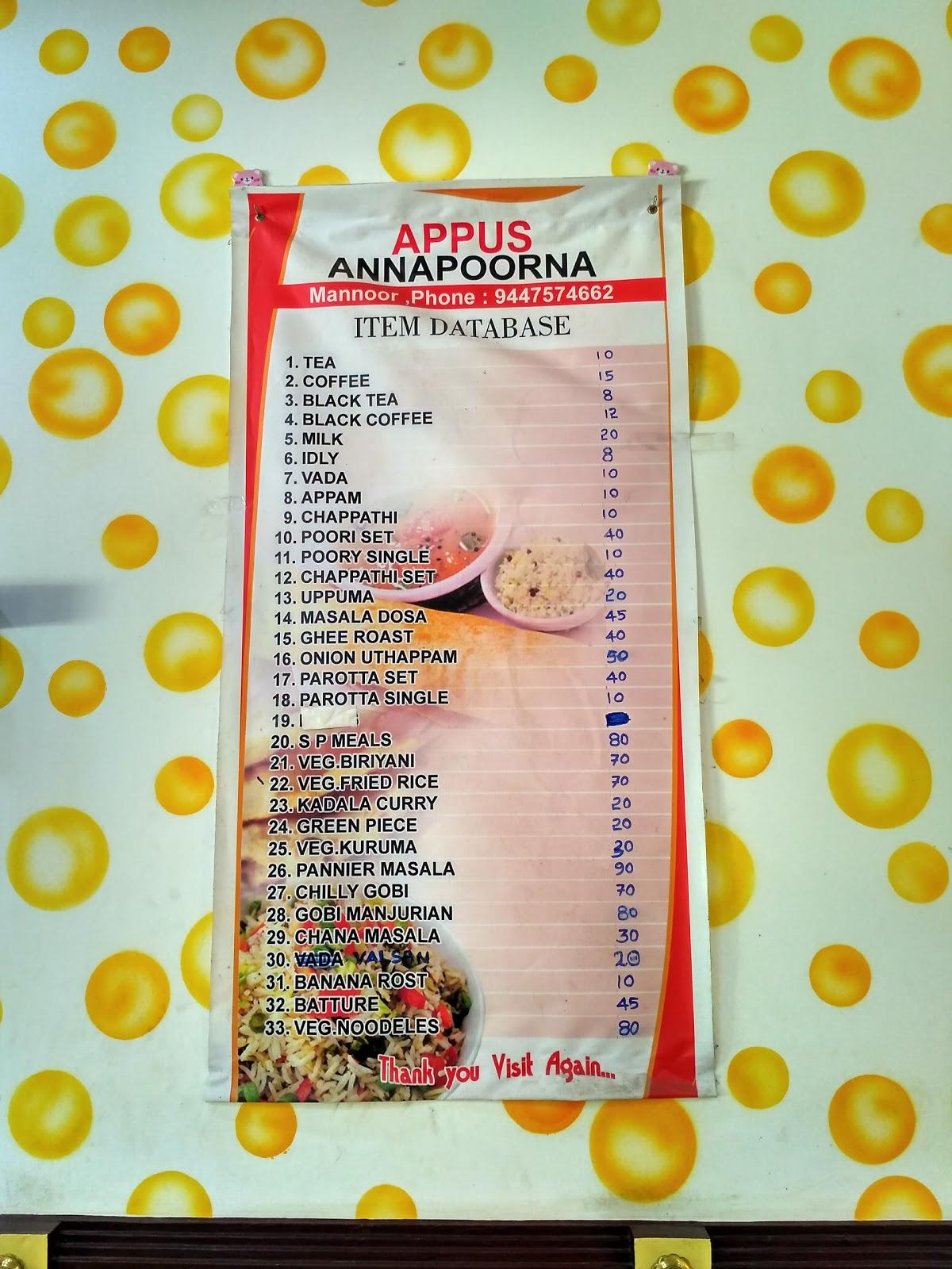 Menu at Appus Annapoorna Restaurant, Mannoor
