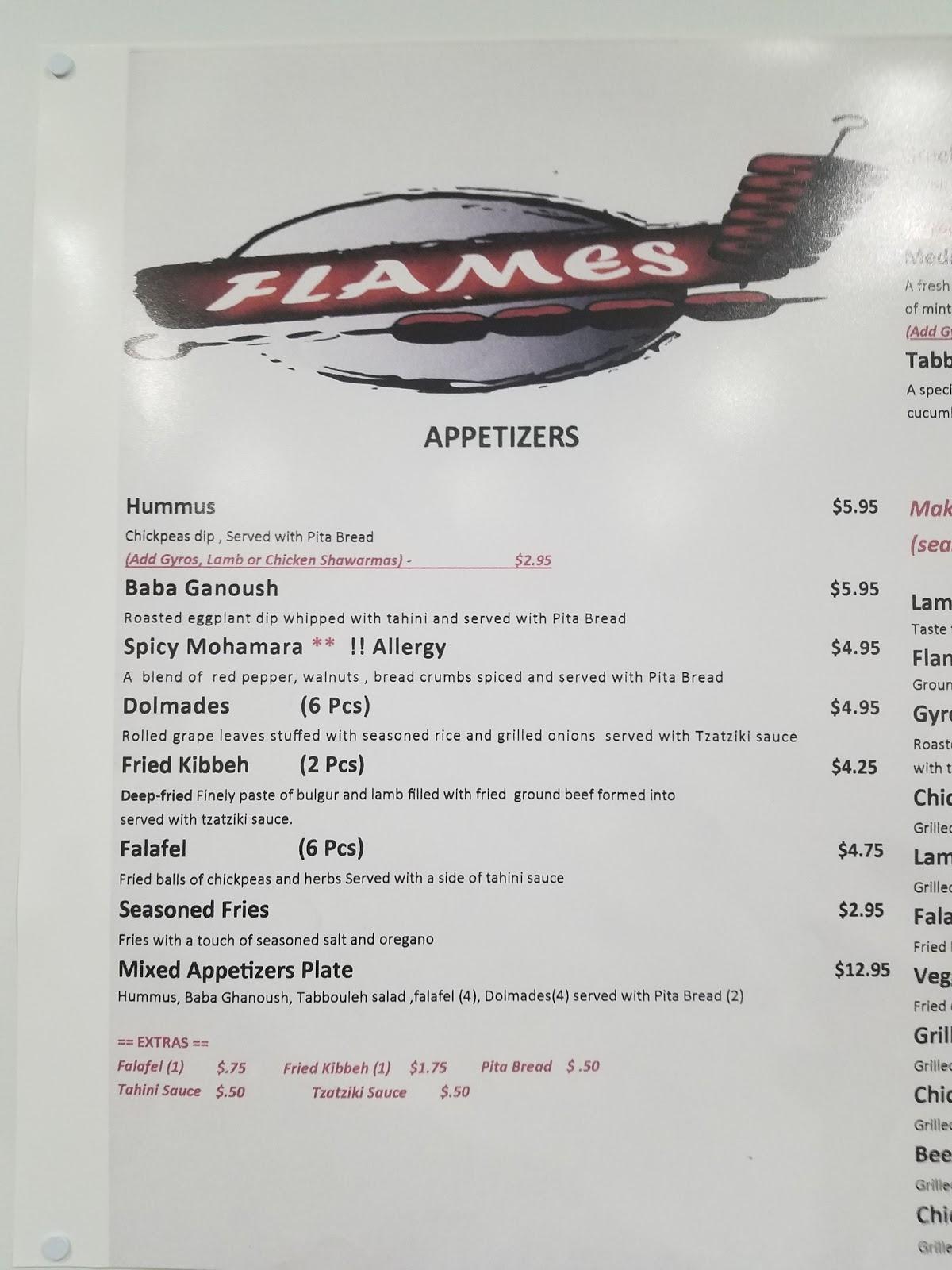 Menu at Flames Mediterranean & Grill restaurant, Memphis