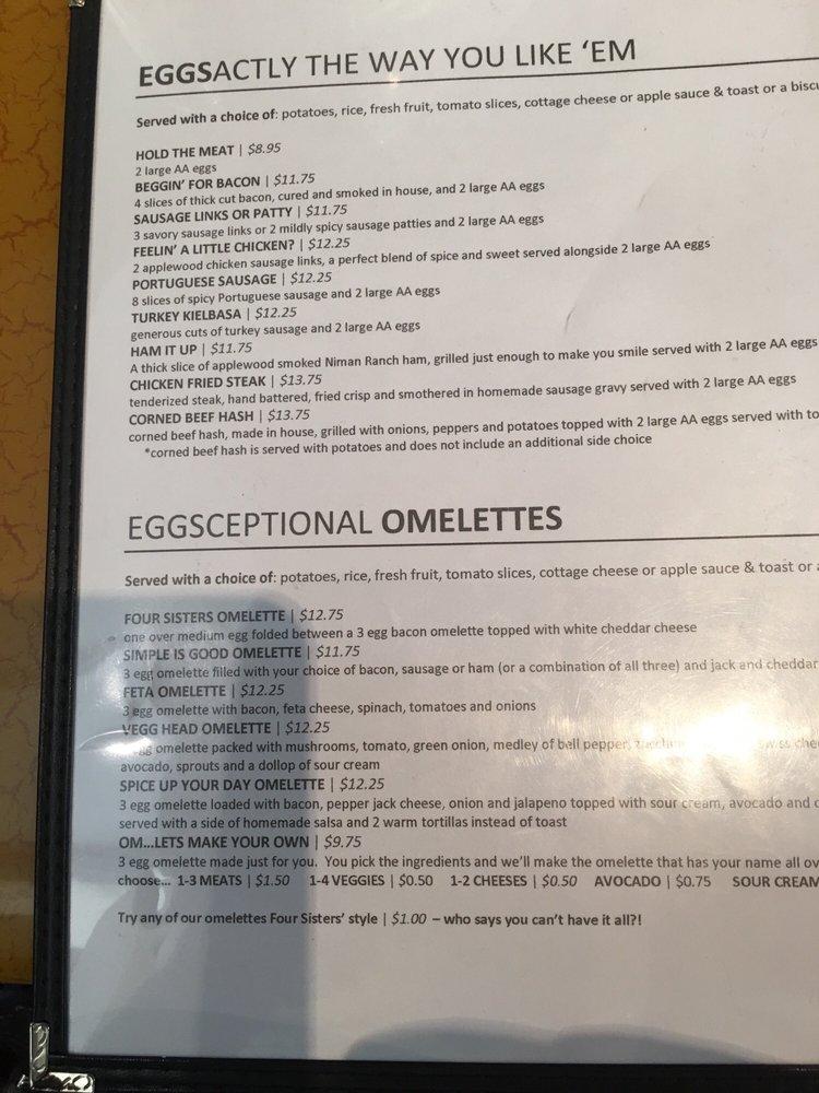 Menu at Four Sisters Cafe, Roseville