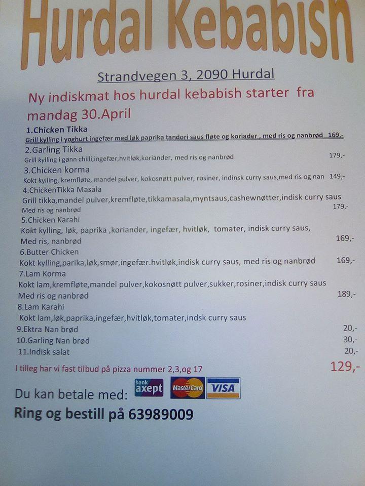 Menu at Hurdal Kebabish restaurant, Norway