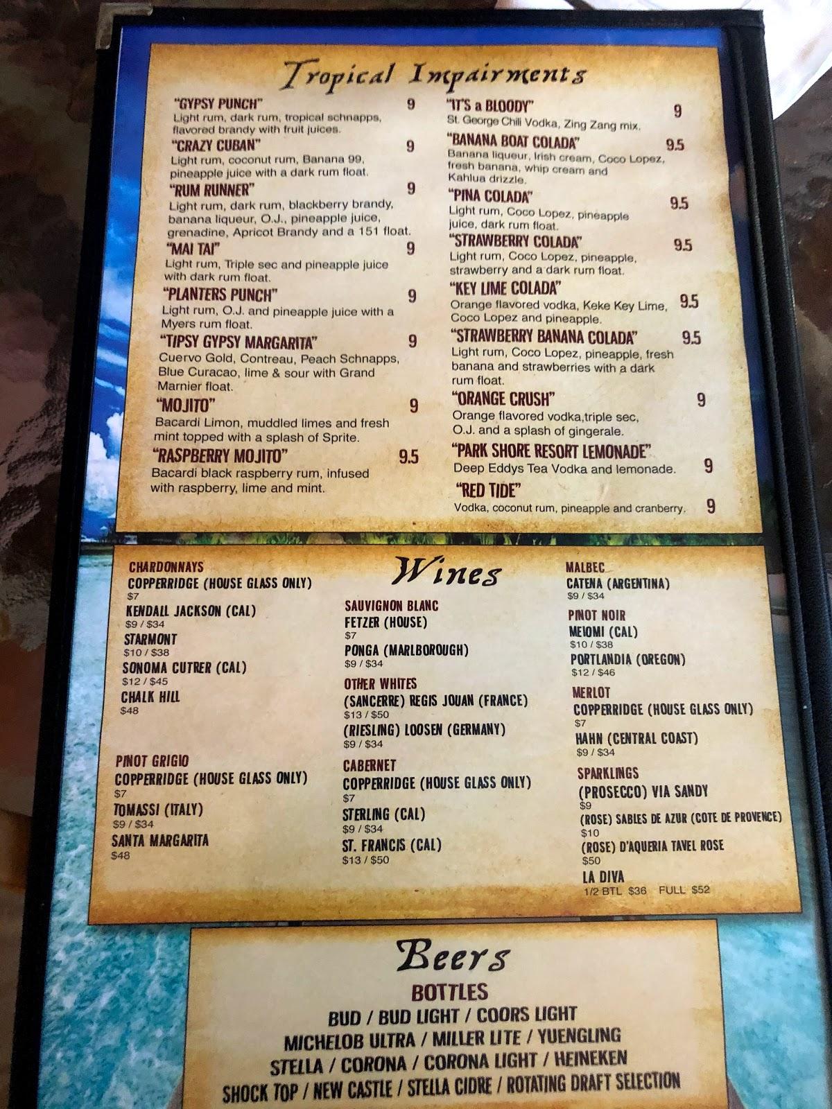 Menu at Island Gypsy Poolside Cafe at Park Shore Resort, Naples