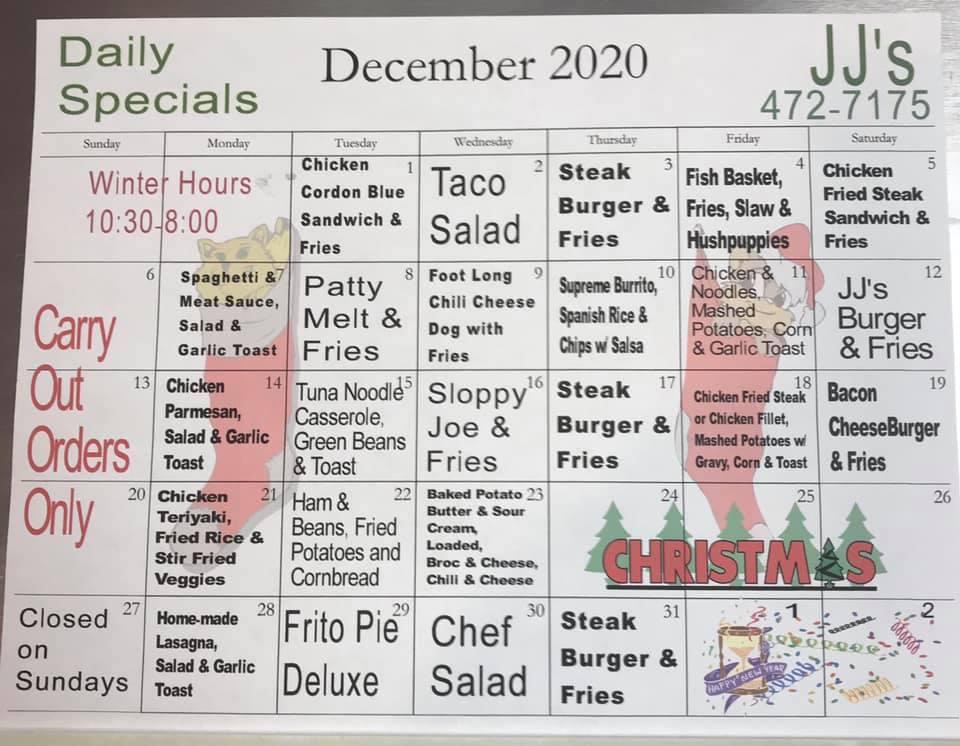 Menu at J J's Restaurant, Granby