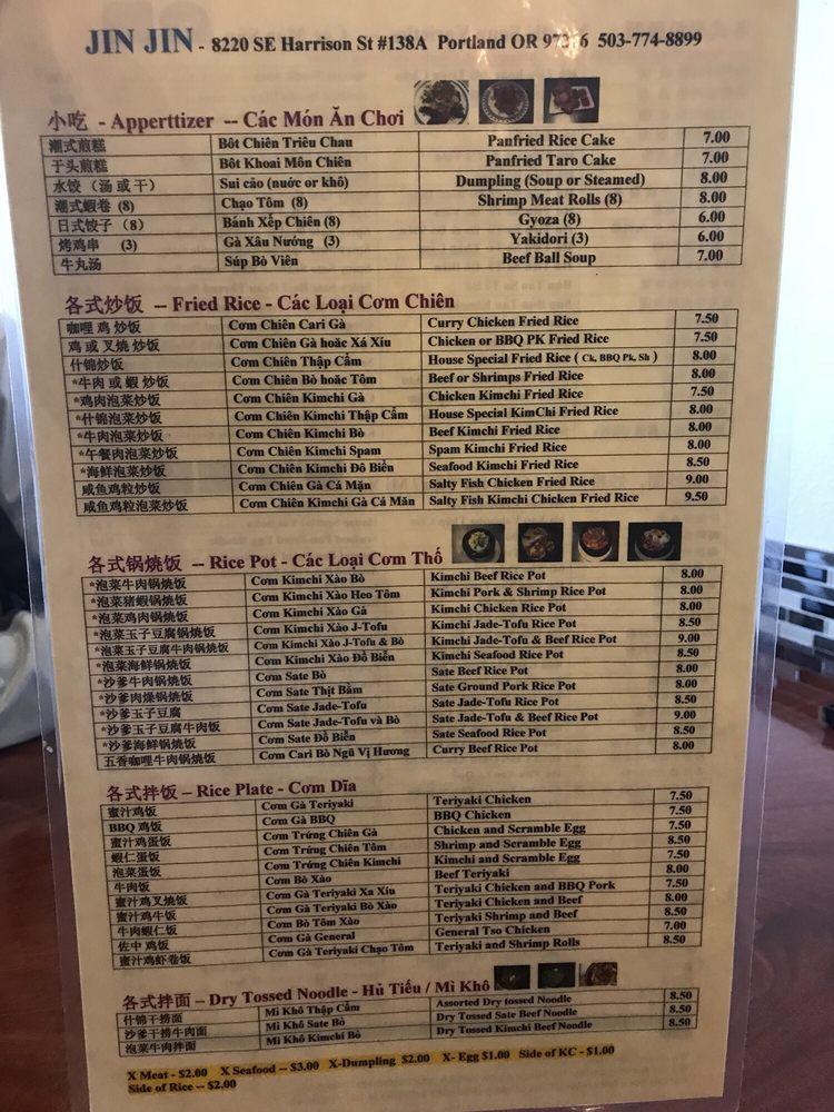 Menu at Jin Jin Deli restaurant, Portland