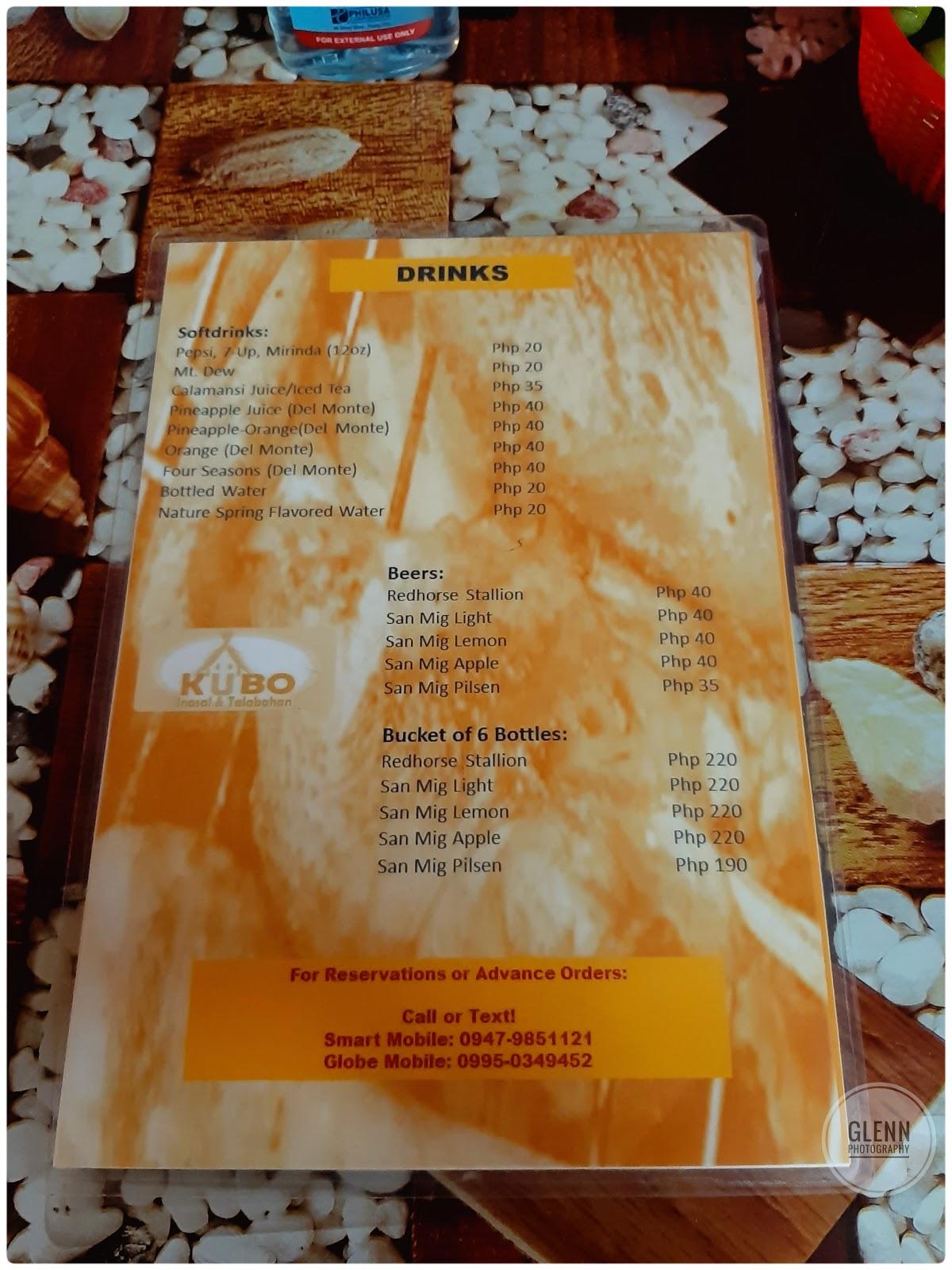 Menu at Kubo Inasal & Talabahan restaurant, Calinog