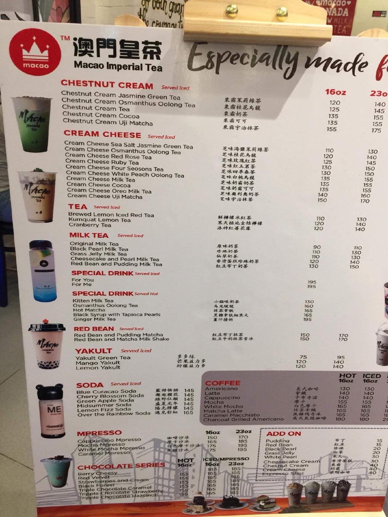 Menu at Macao Imperial Tea, General Santos City