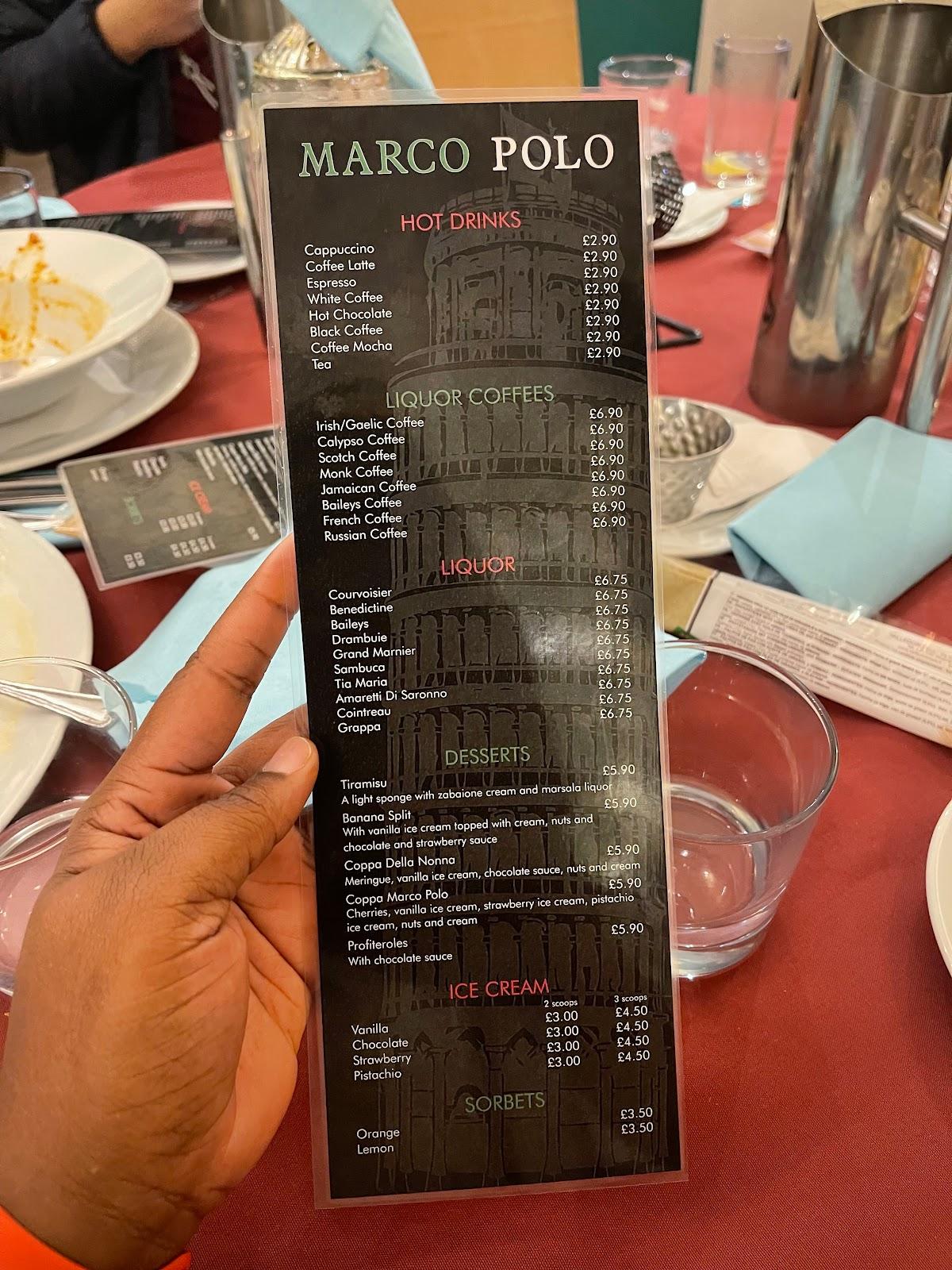 Menu at Marco Polo restaurant, Bournemouth