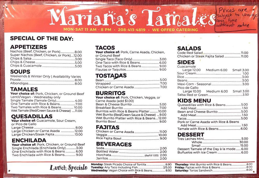 Menu at Mariana's Tamales restaurant, Clarkston