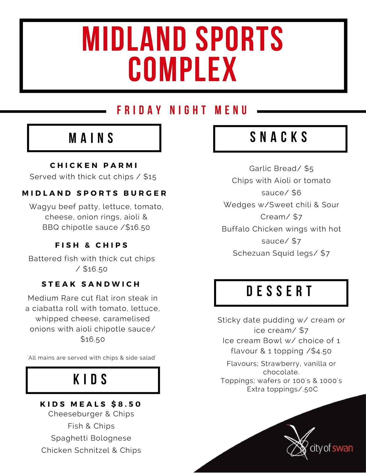 Menu at Midland Sports Complex pub & bar, Middle Swan