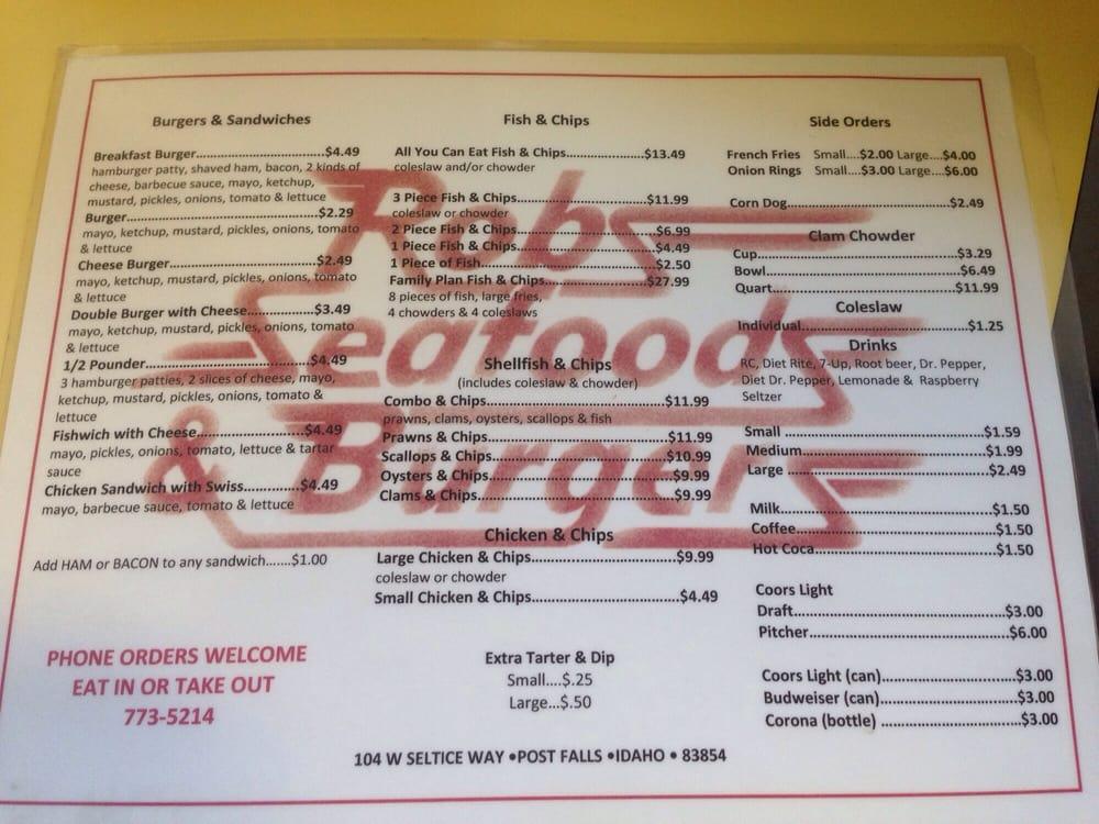 Menu at Rob's Seafoods & Burgers restaurant, Post Falls