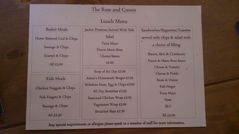 Menu at The Rose & Crown pub & bar, Swindon