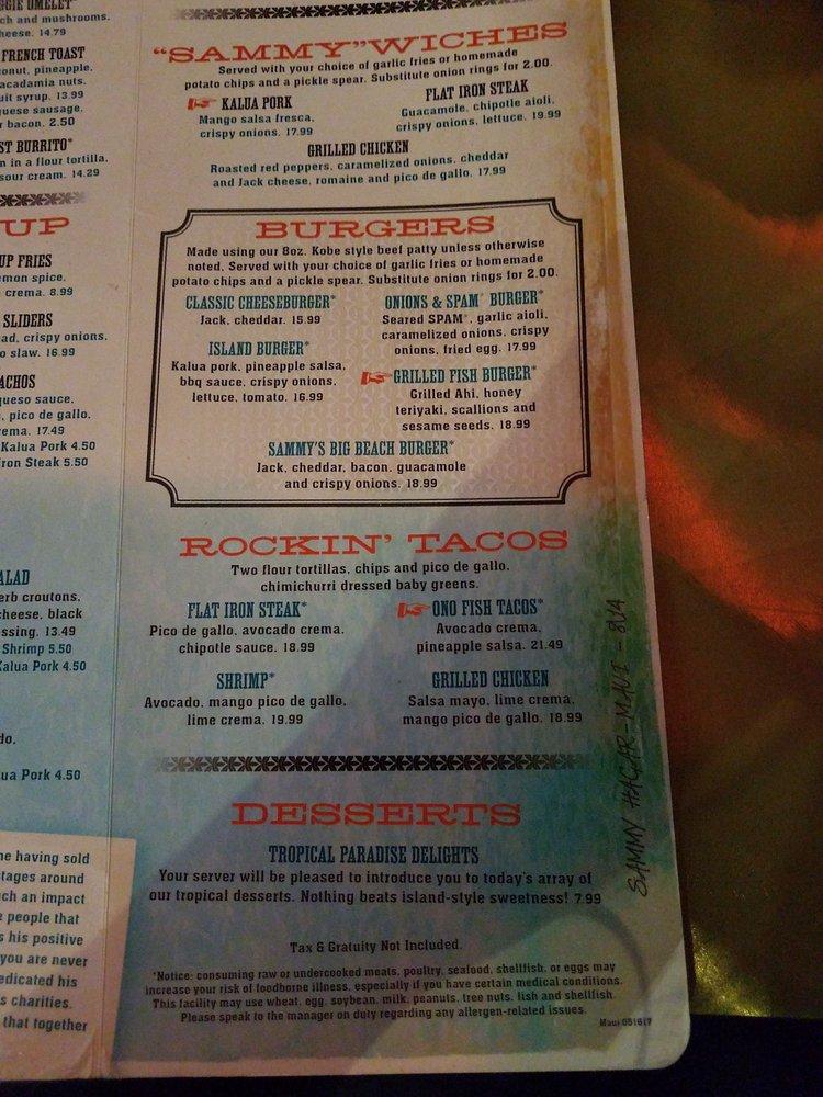 Menu at Sammy's Beach Bar & Grill, Kahului