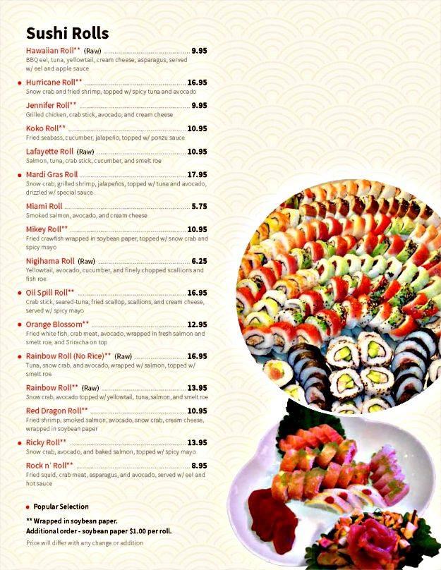 Menu at Samurai Sushi Bar Two, Broussard