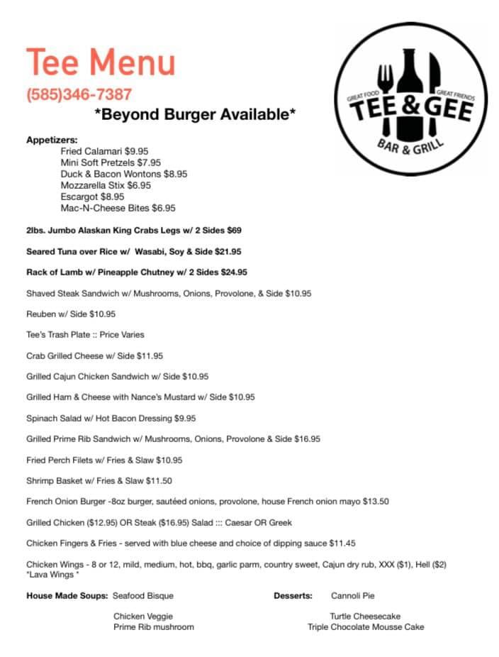 Menu at Tee & Gee pub & bar, Livonia, Big Tree Rd