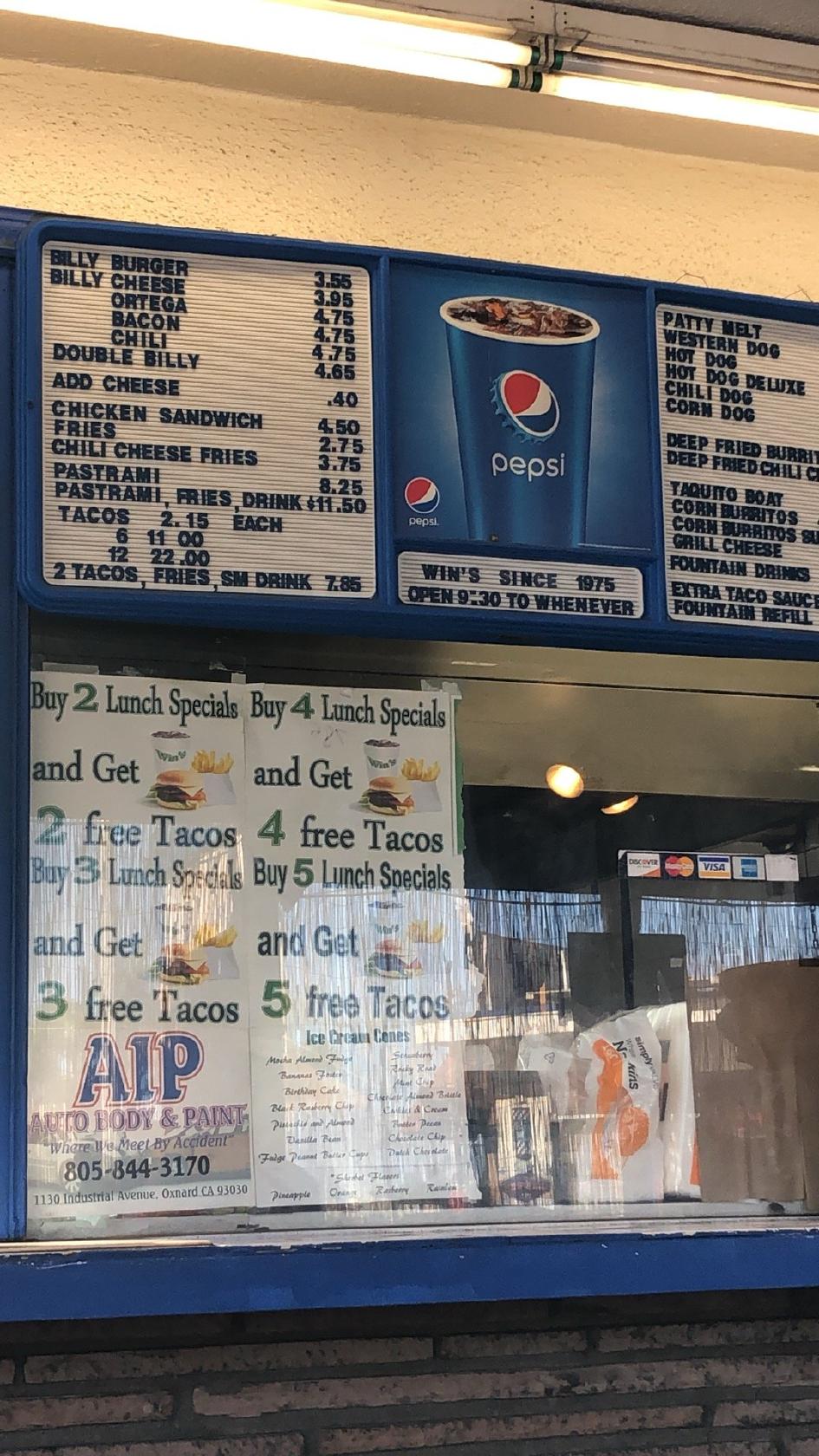 Menu at Win's Drive-In restaurant, Oxnard