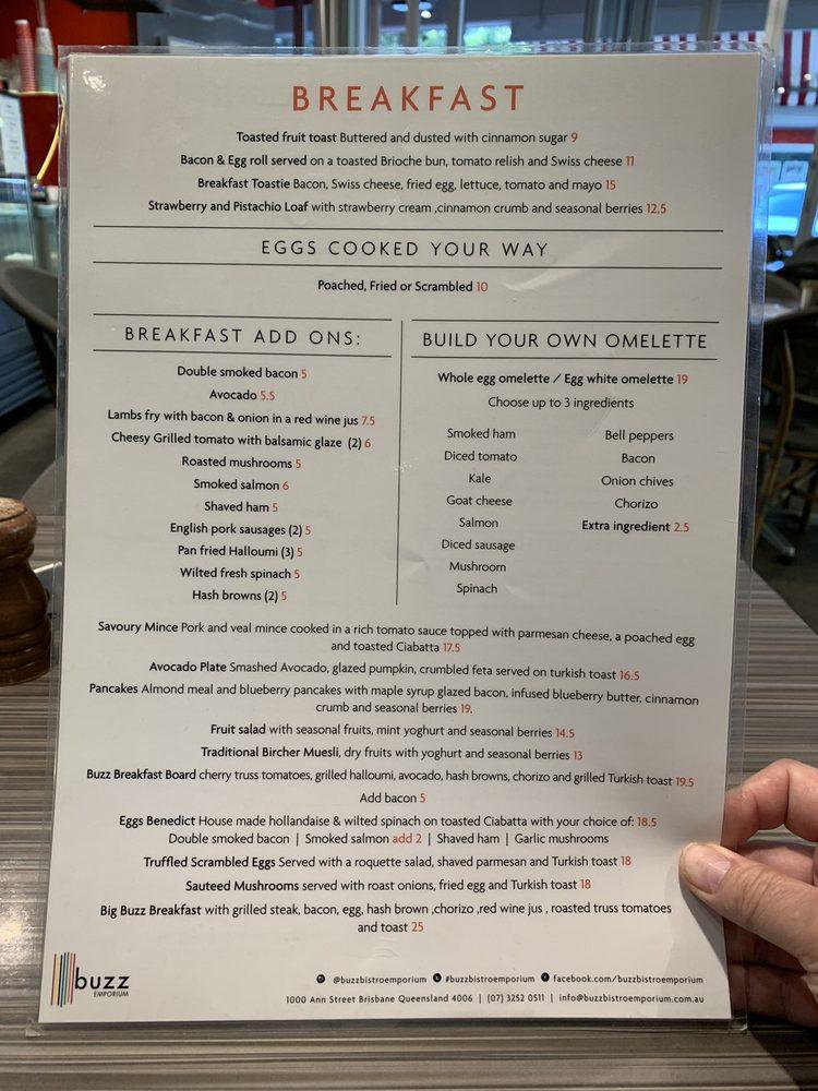 Menu at Buzz Bistro cafe, Fortitude Valley