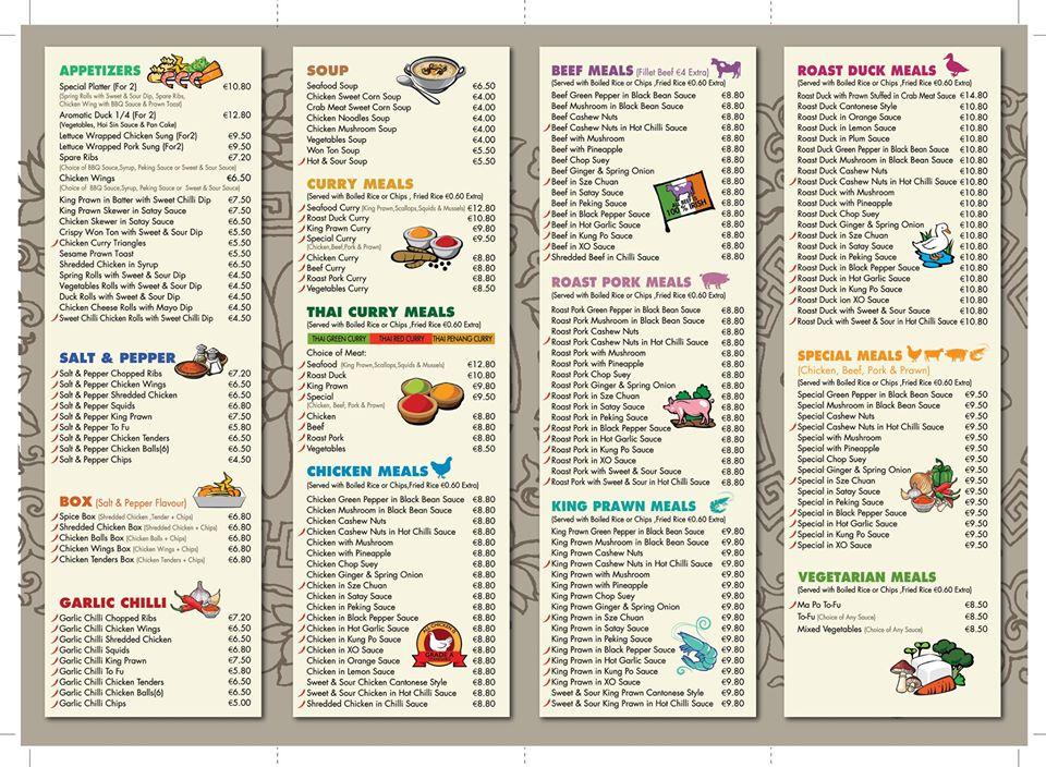 Menu at Chans Bettystown restaurant, Bettystown