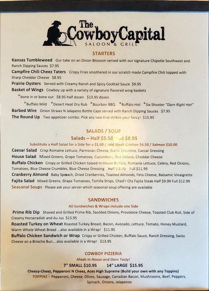 Menu at The Cowboy Capital Saloon & Grill pub & bar, Dodge City